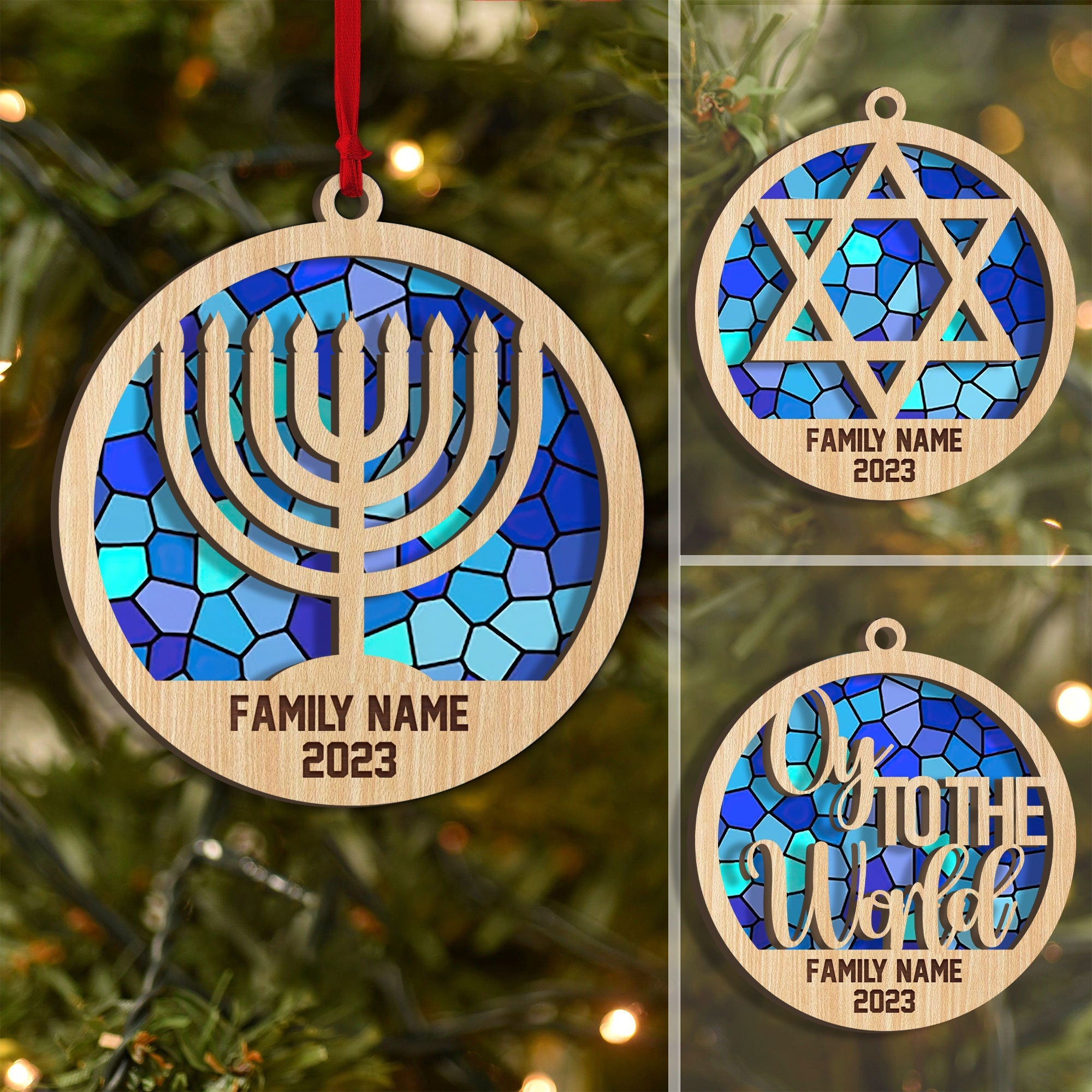 Personalized Hanukkah Layered Wood Ornament, Custom Christmas Hanukkah