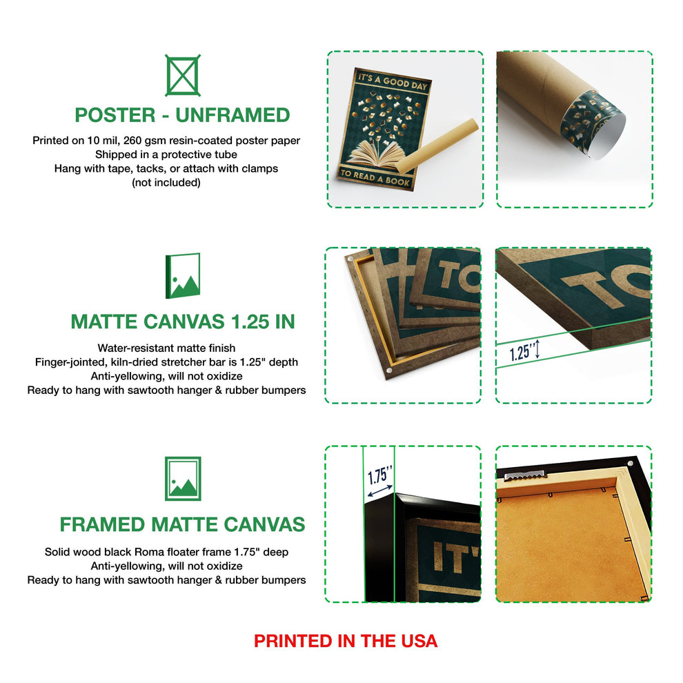 Book Poster/Canvas, It's A Good Day To Read A Book Wall Art Print, Vin