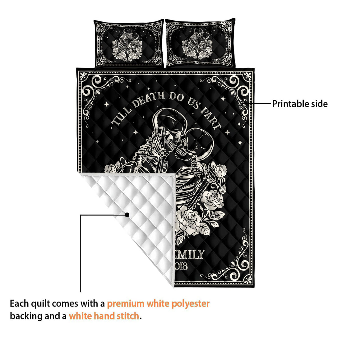 Personalized Skeleton Couple Quilt Set, Halloween Wedding Quilt Blanke