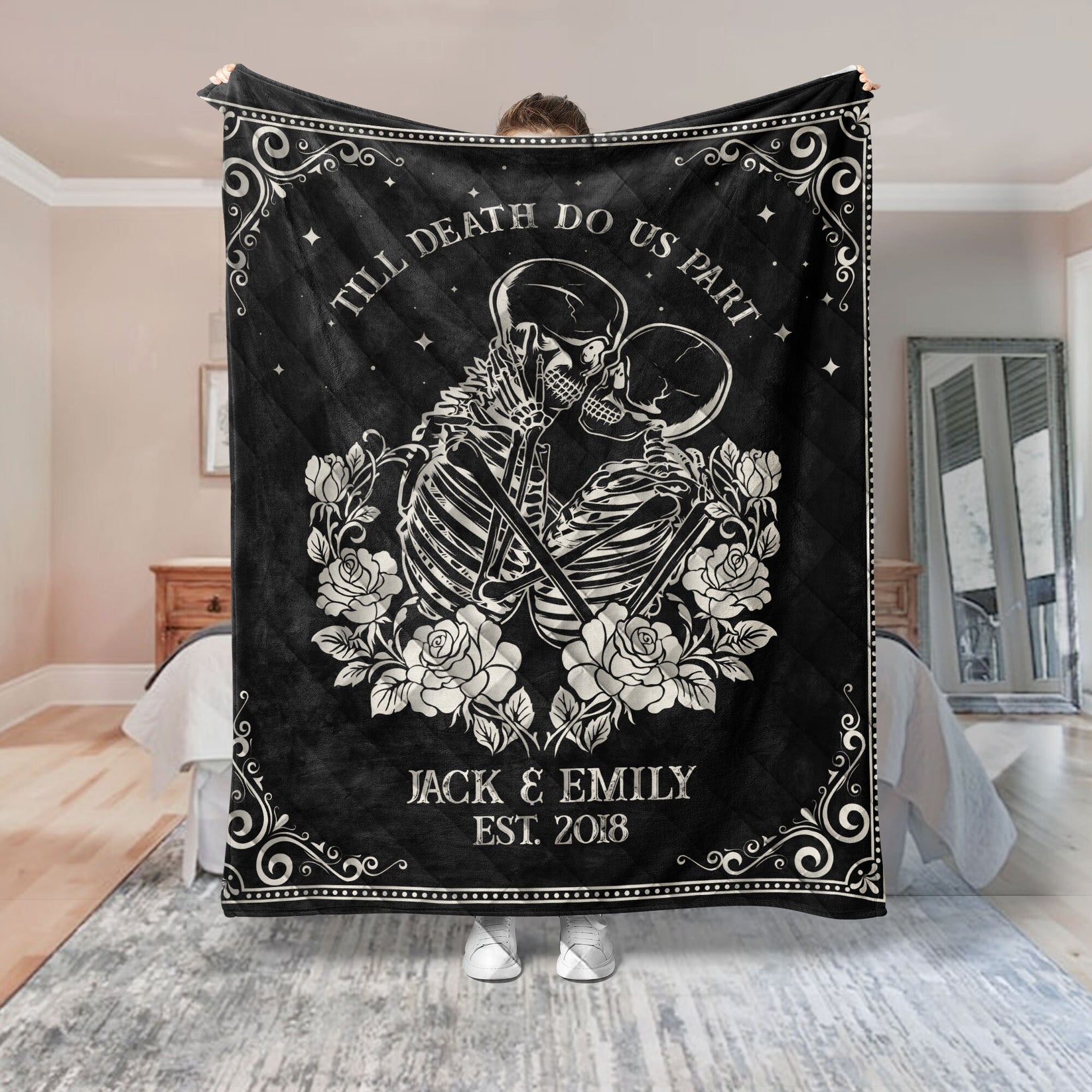 Personalized Skeleton Couple Quilt Set, Halloween Wedding Quilt Blanke