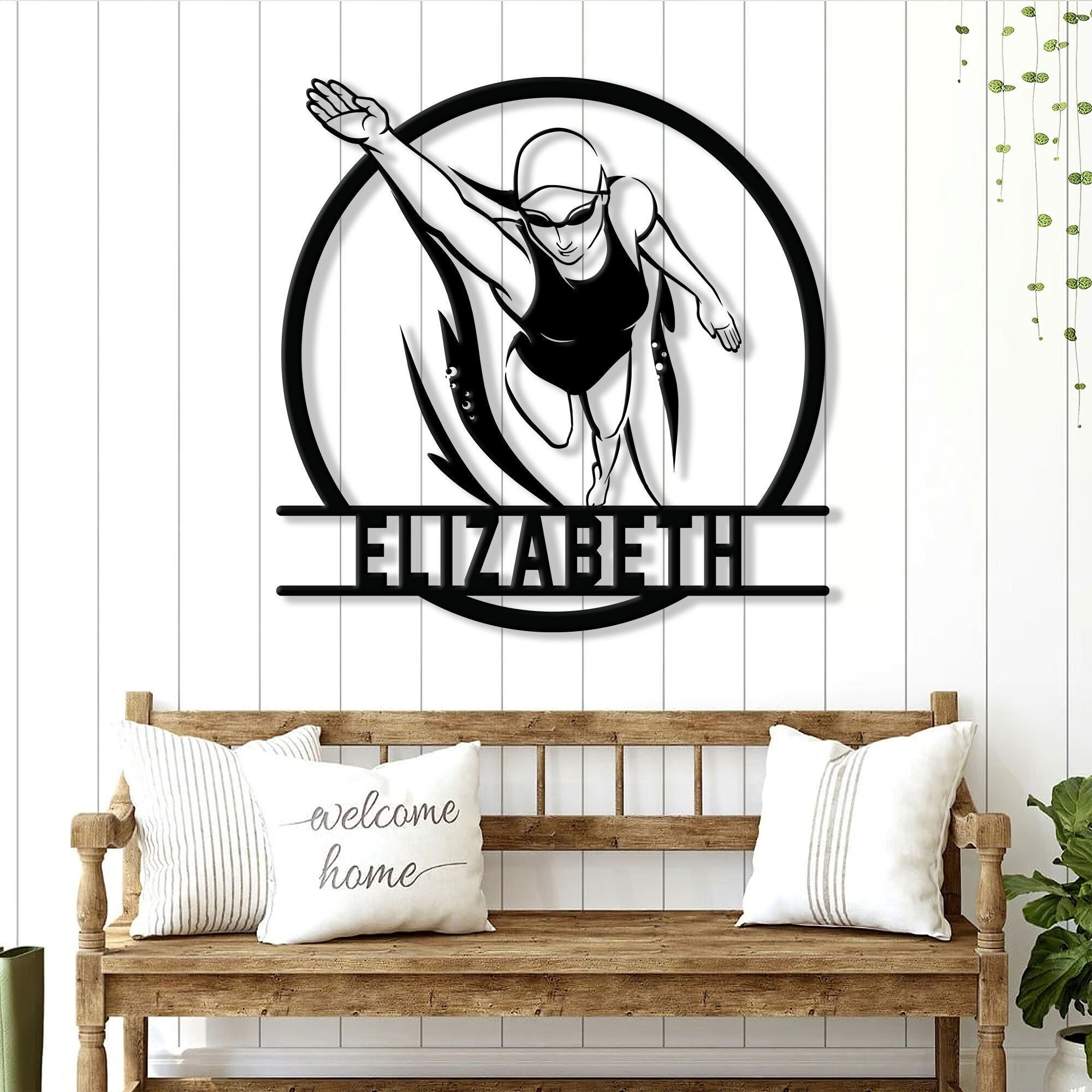 Personalized Swimming Metal Sign, Female Swimmer Sign, Custom Name Roo