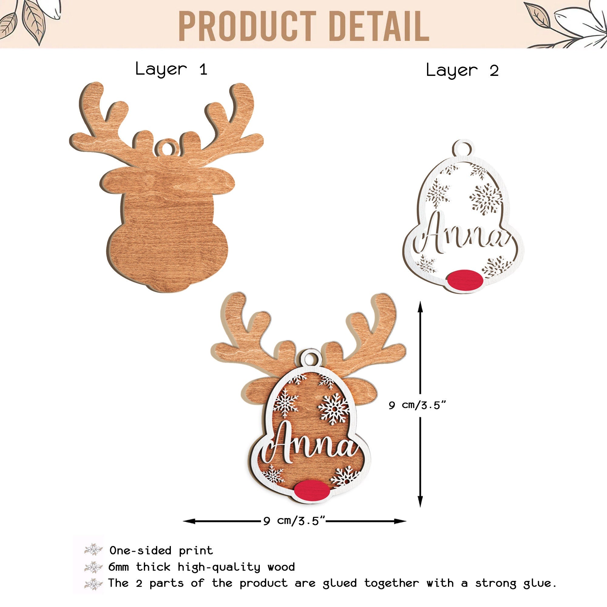 Personalized Reindeer Layered Wood Ornament, Custom Name Rudolph Chris