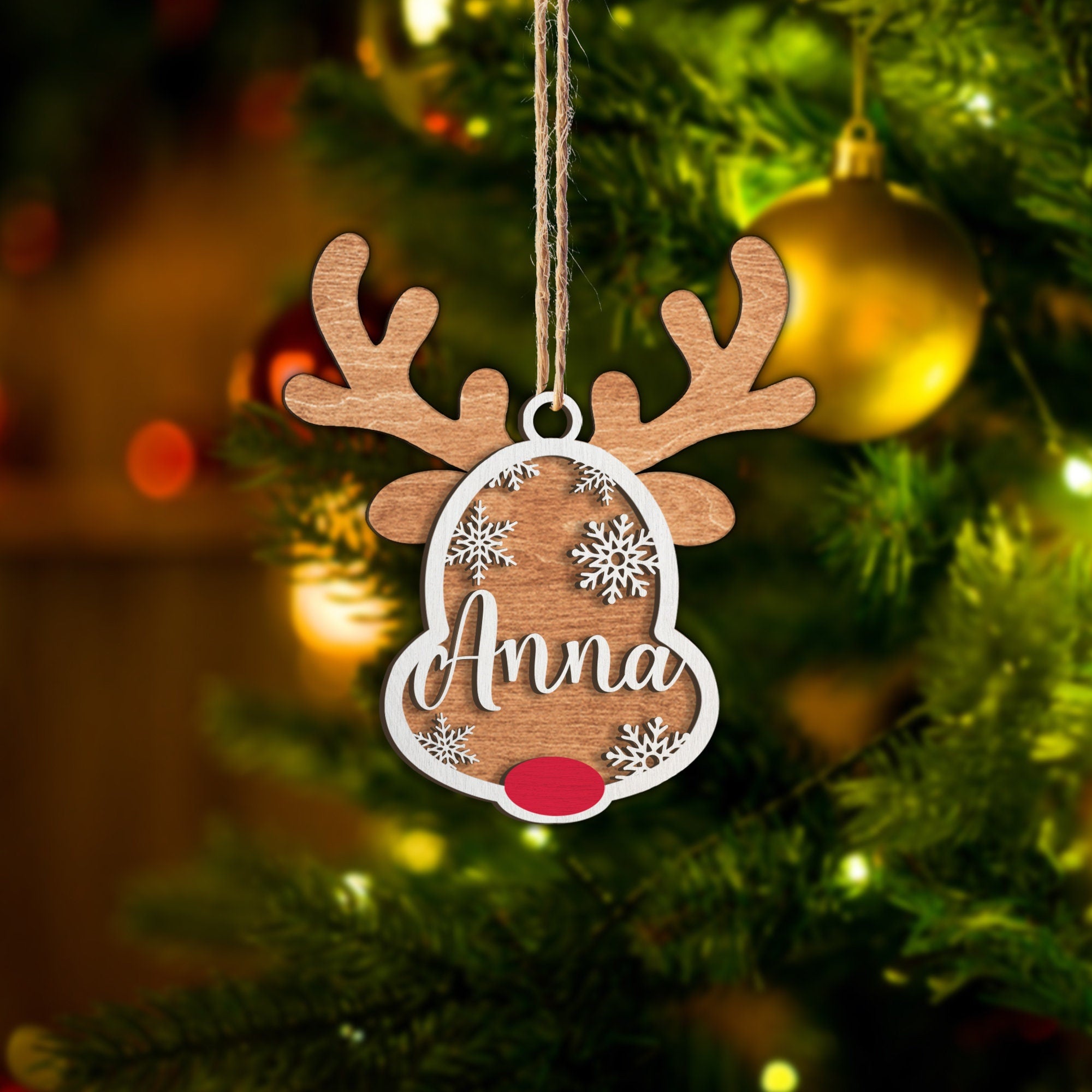 Personalized Reindeer Layered Wood Ornament, Custom Name Rudolph Chris