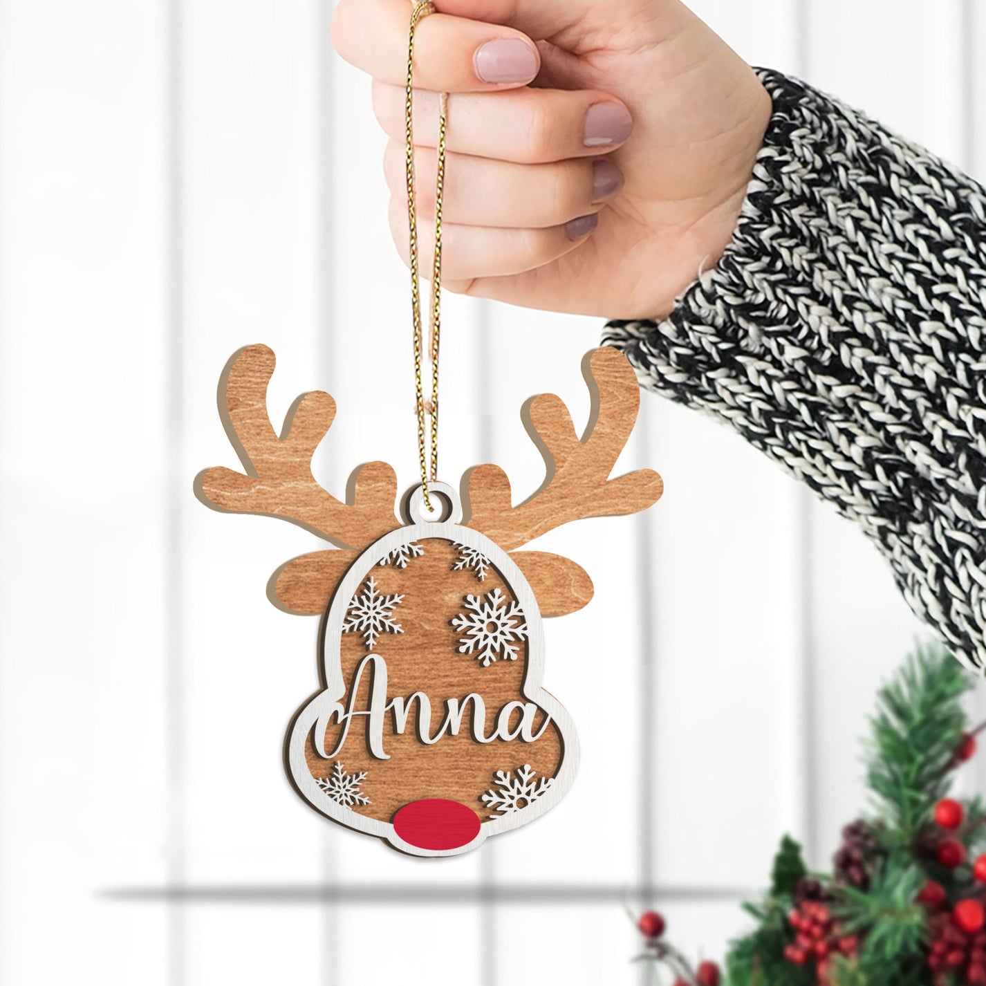 Personalized Reindeer Layered Wood Ornament, Custom Name Rudolph Chris