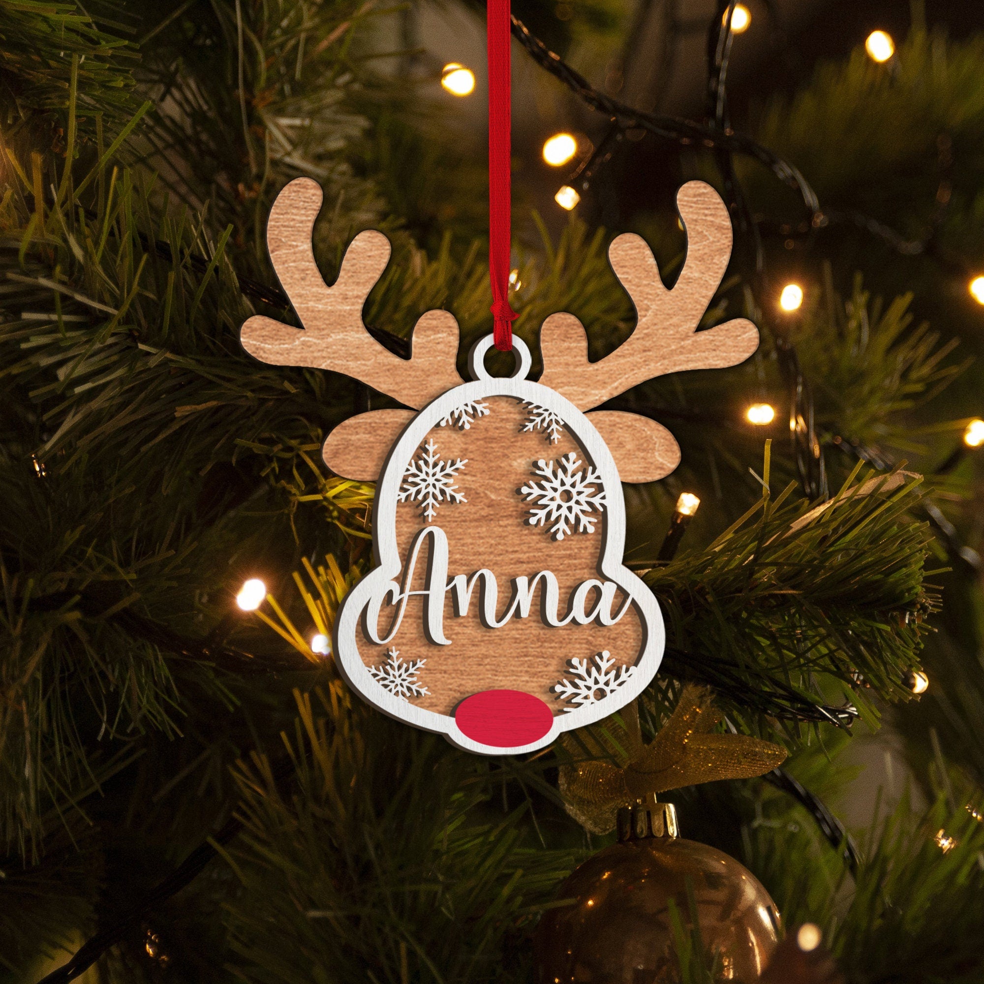 Personalized Reindeer Layered Wood Ornament, Custom Name Rudolph Chris
