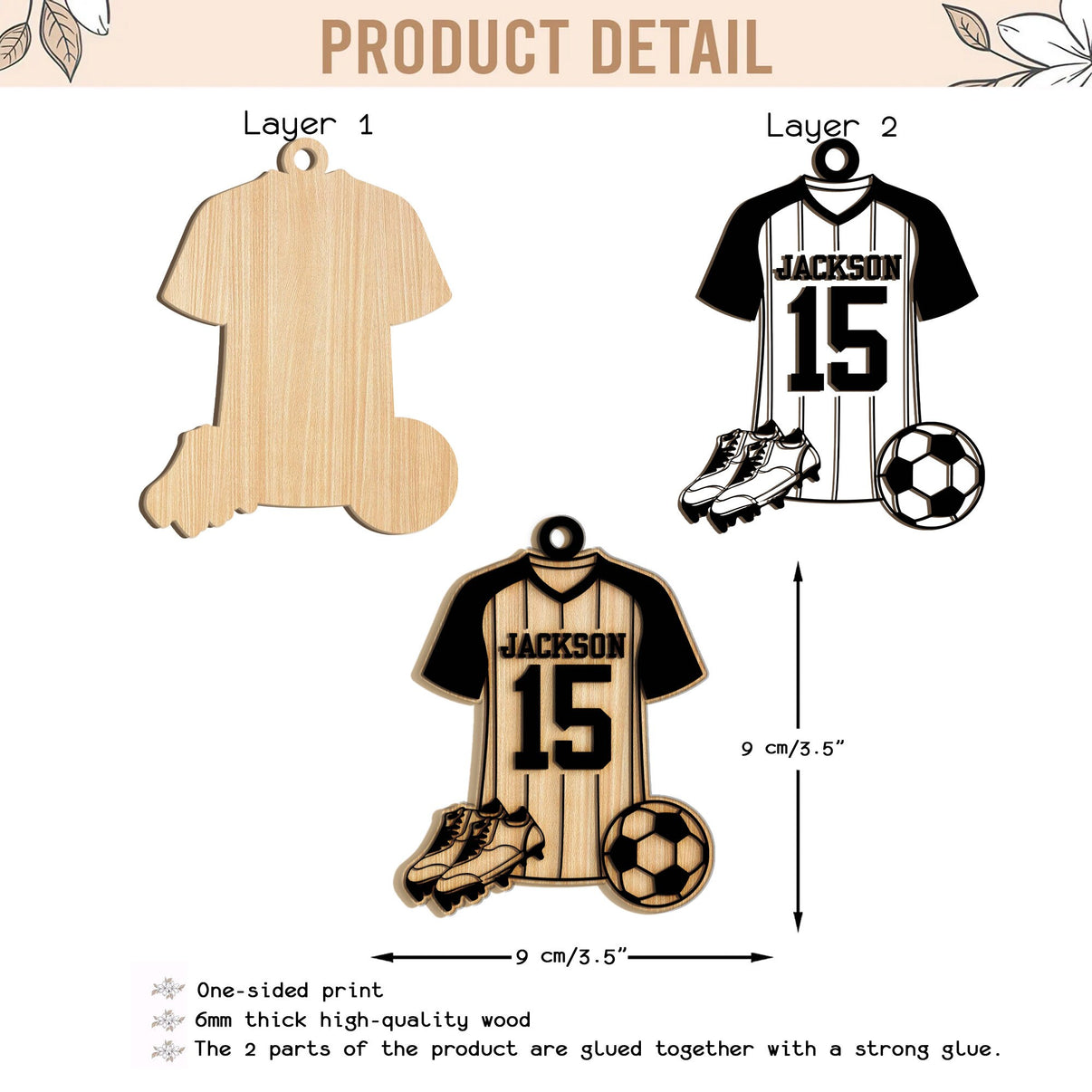 Personalized Soccer Player Layered Wood Ornament, Custom Soccer Jersey