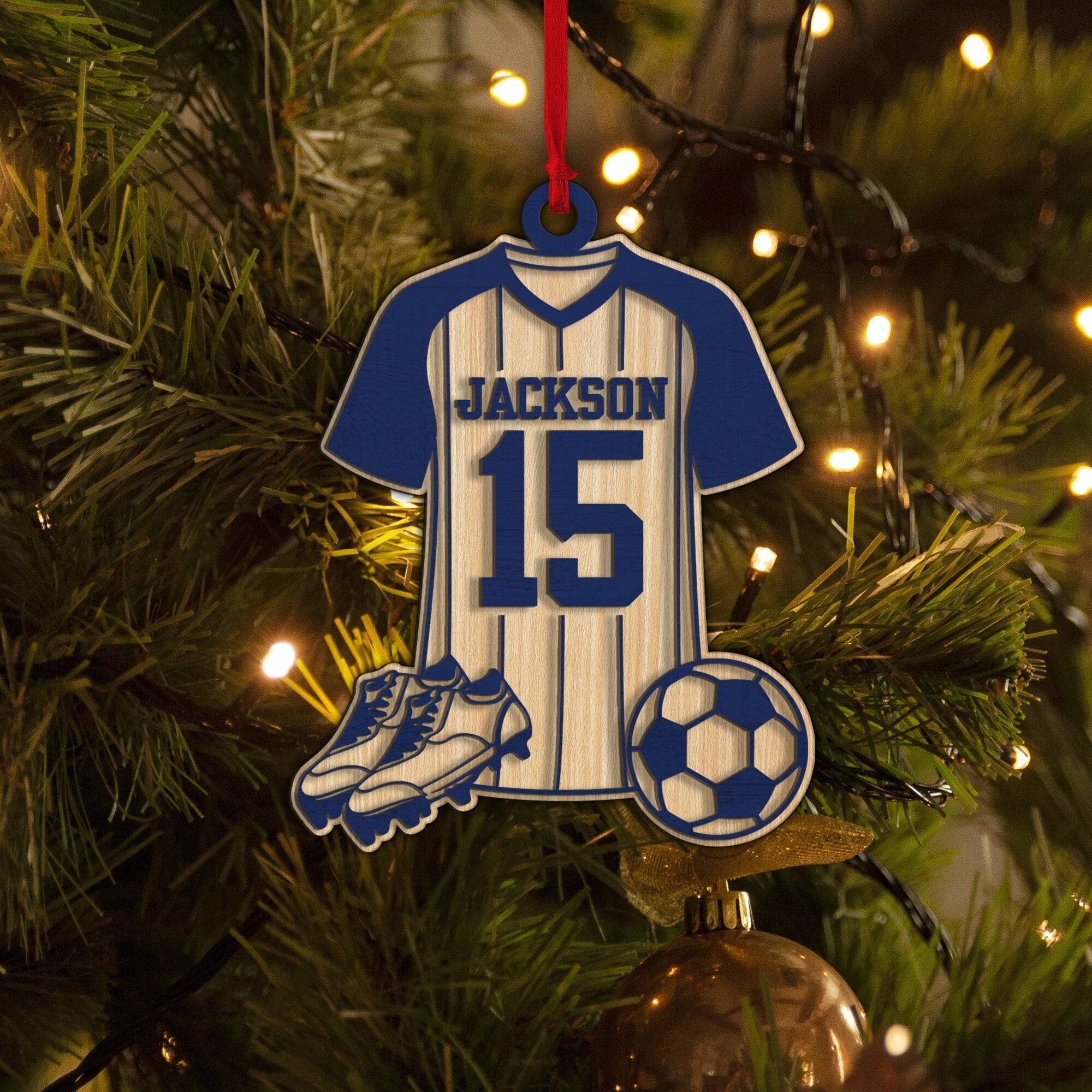 Personalized Soccer Player Layered Wood Ornament, Custom Soccer Jersey
