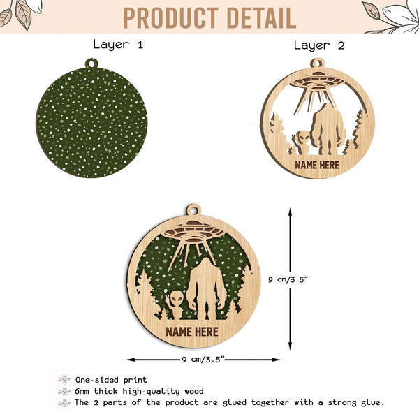Personalized Bigfoot & Alien Layered Wood Ornament, Custom Sasquatch C