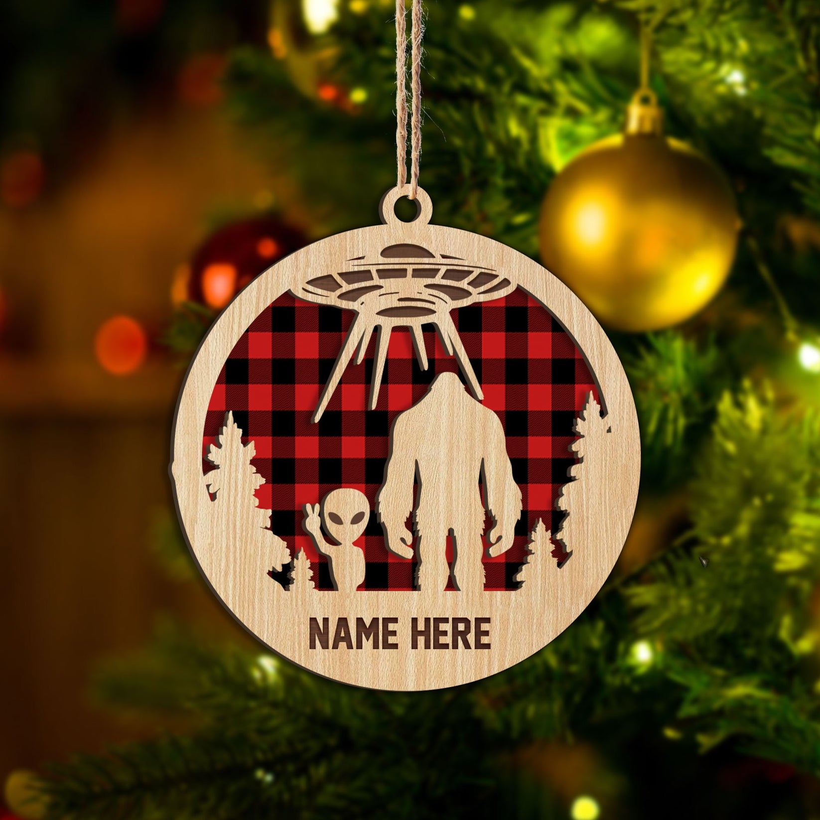 Personalized Bigfoot & Alien Layered Wood Ornament, Custom Sasquatch C