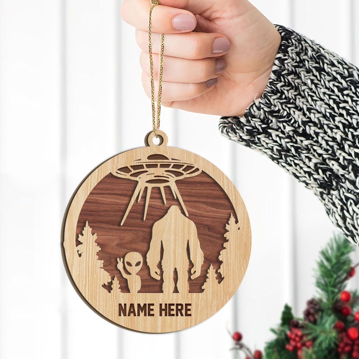Personalized Bigfoot & Alien Layered Wood Ornament, Custom Sasquatch C