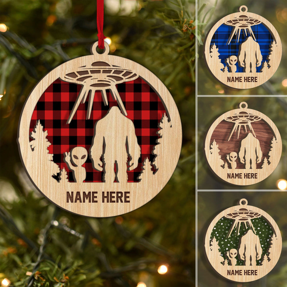 Personalized Bigfoot & Alien Layered Wood Ornament, Custom Sasquatch C