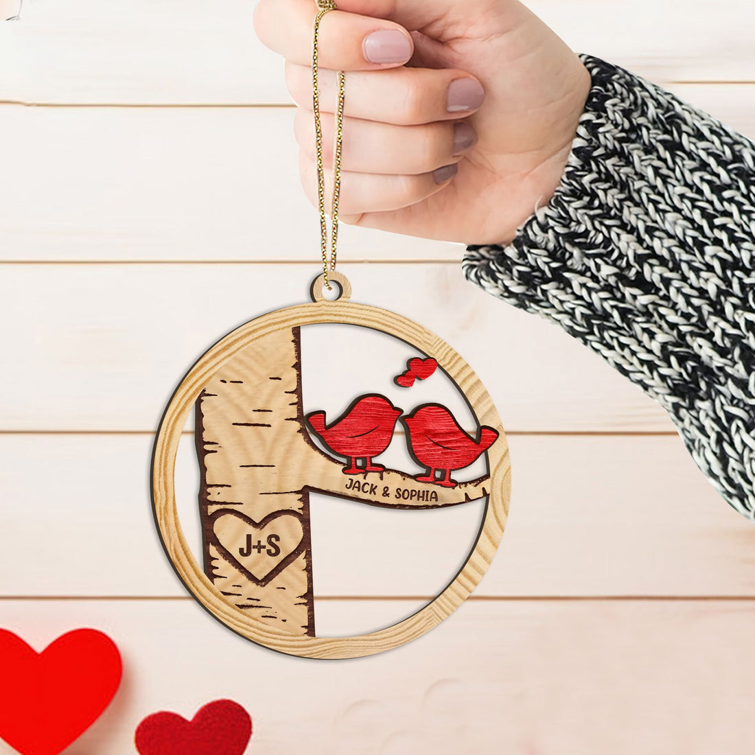 Personalized Love Birds Layered Wood Ornament, Custom Couple Valentine