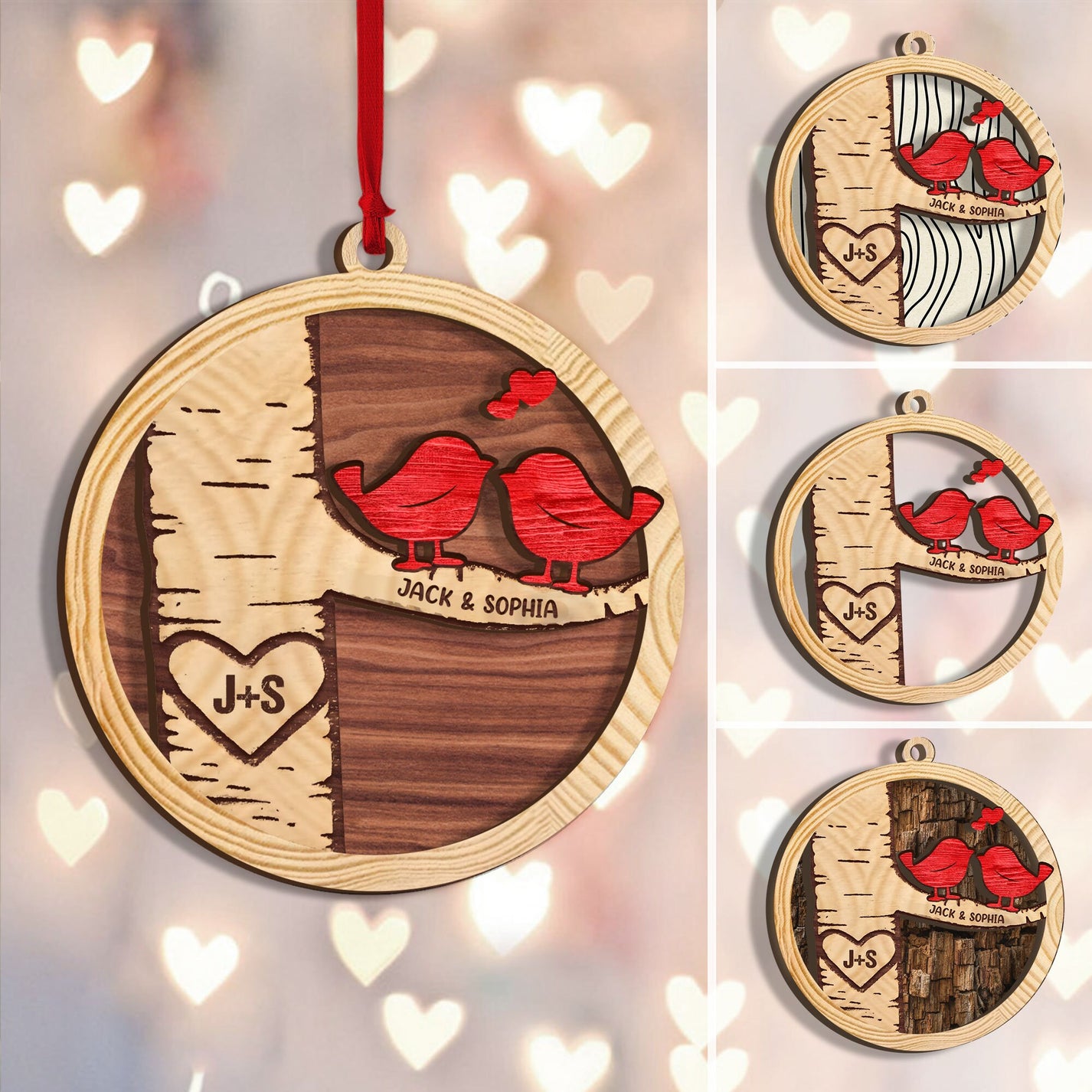 Personalized Love Birds Layered Wood Ornament, Custom Couple Valentine