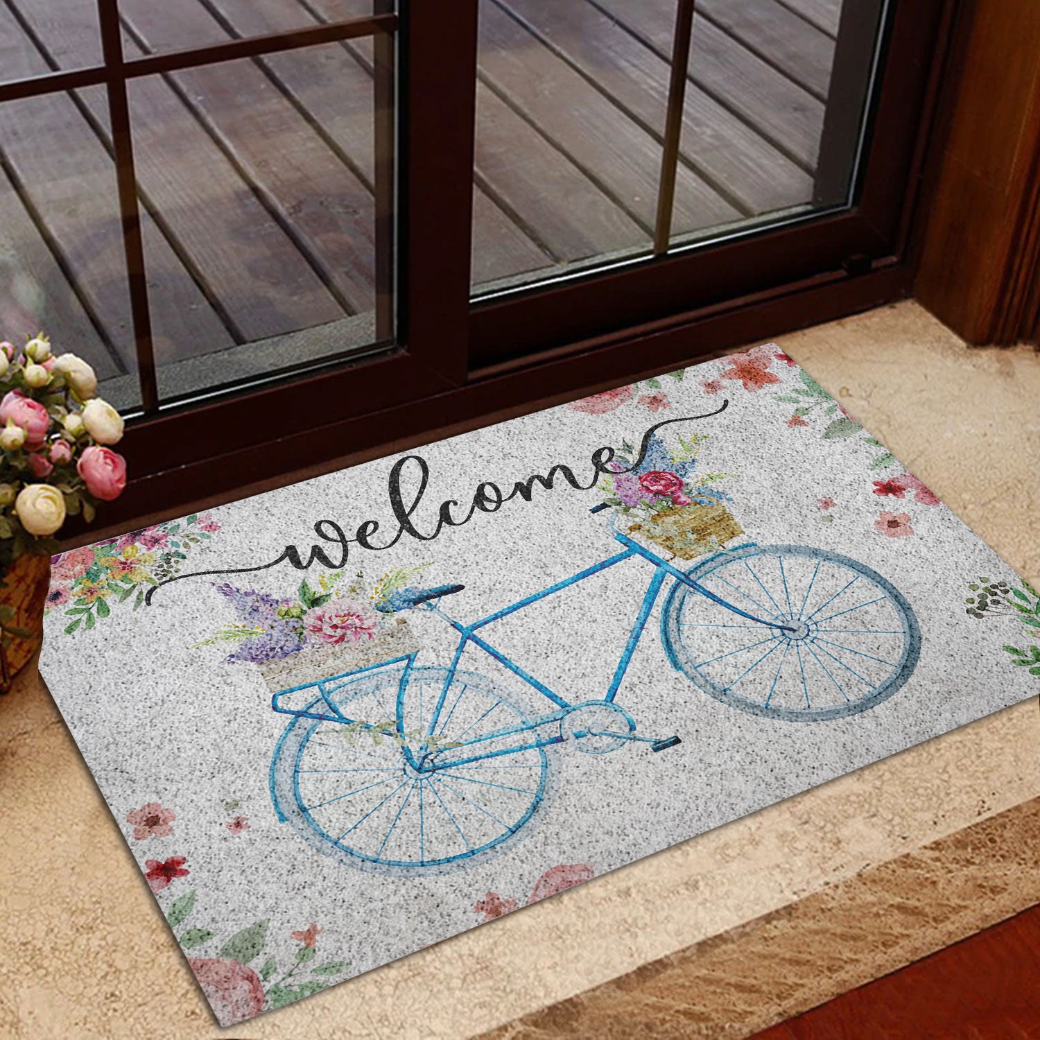 Ohaprints Doormat Outdoor Indoor Welcome Blue Bike Bicycle With - OhaPrints