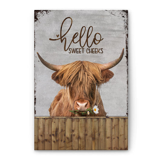 Highland Cow Poster & Canvas, Hello Sweet Cheeks, Funny Wall Art, Home