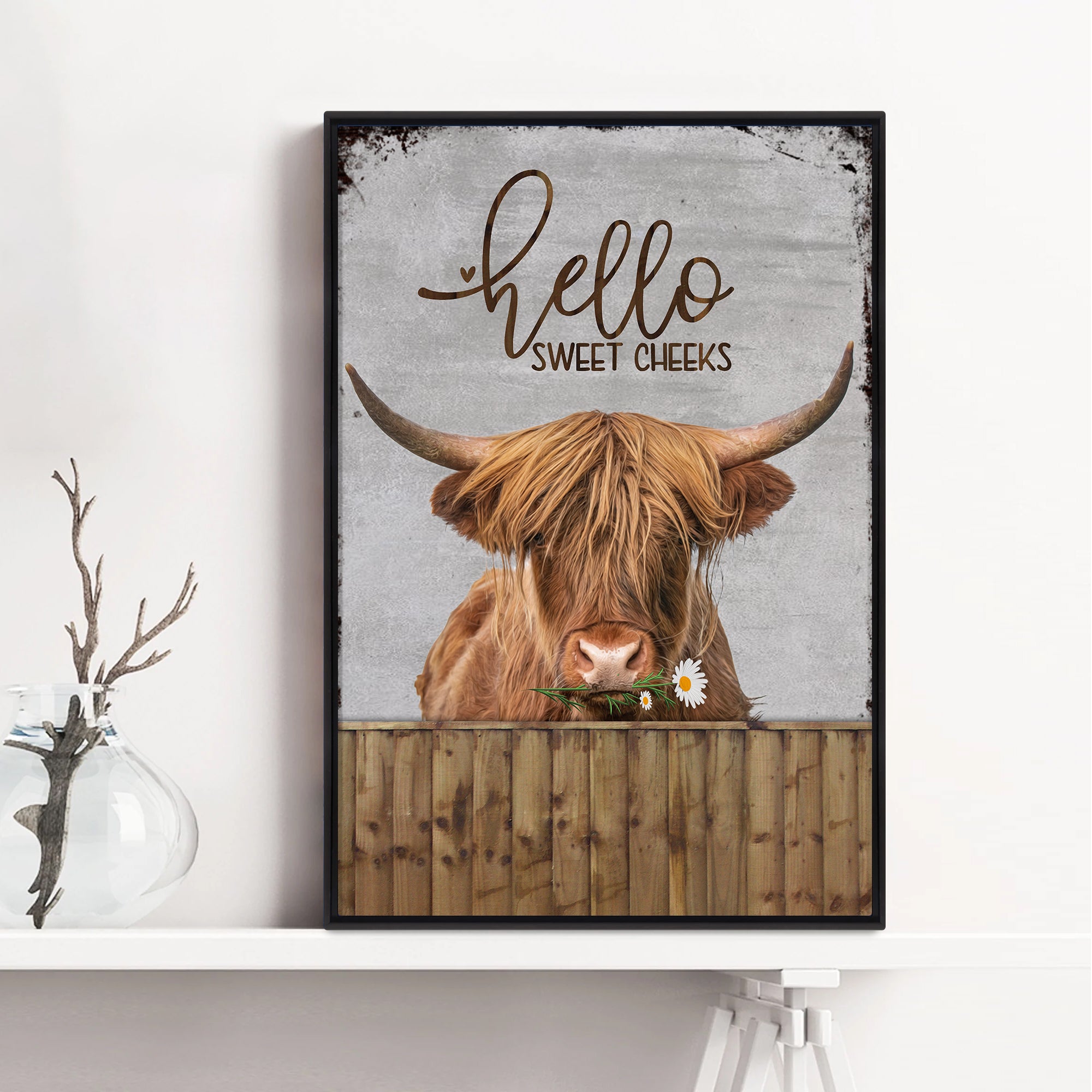 Highland Cow Poster & Canvas, Hello Sweet Cheeks, Funny Wall Art, Home