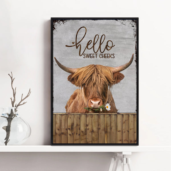Highland Cow Poster & Canvas, Hello Sweet Cheeks, Funny Wall Art, Home ...