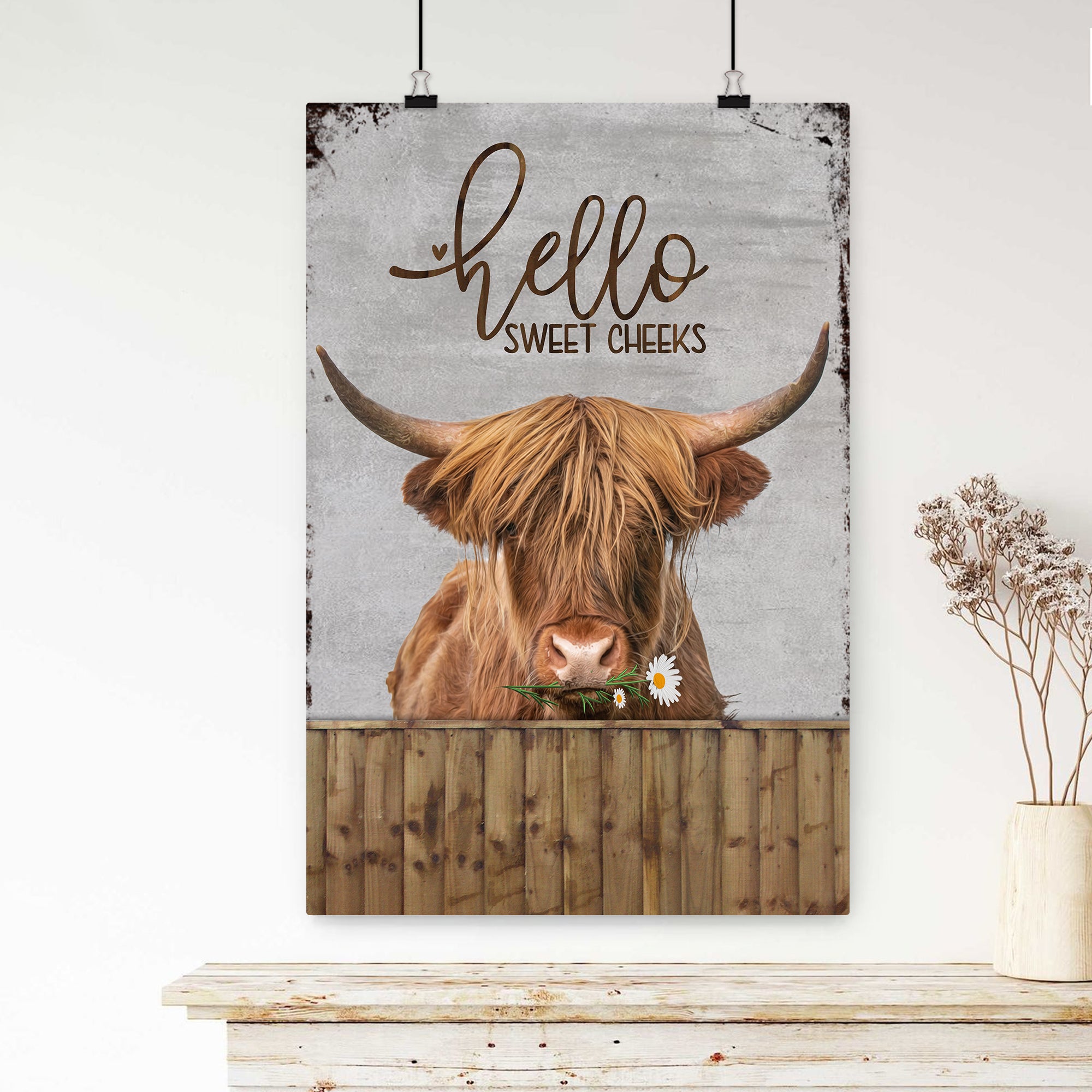 Highland Cow Poster & Canvas, Hello Sweet Cheeks, Funny Wall Art, Home ...