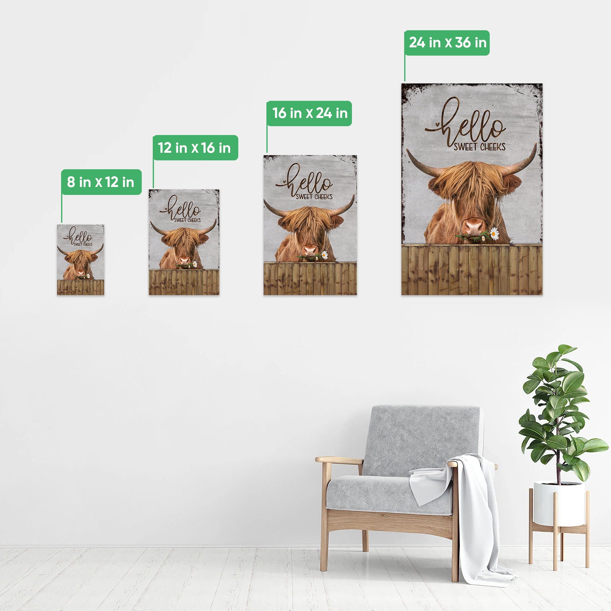 Highland Cow Poster & Canvas, Hello Sweet Cheeks, Funny Wall Art, Home