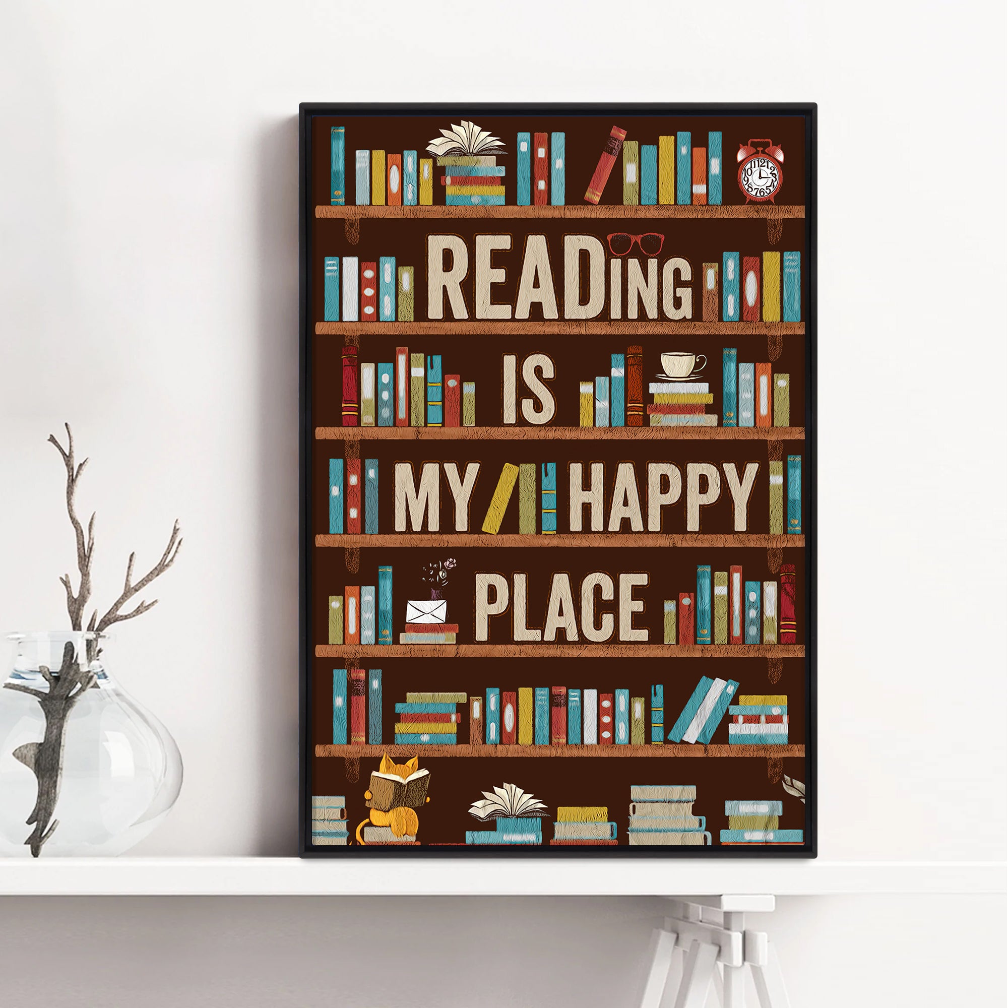 Book Poster & Canvas, Reading Is My Happy Place Wall Art, Home Decor F