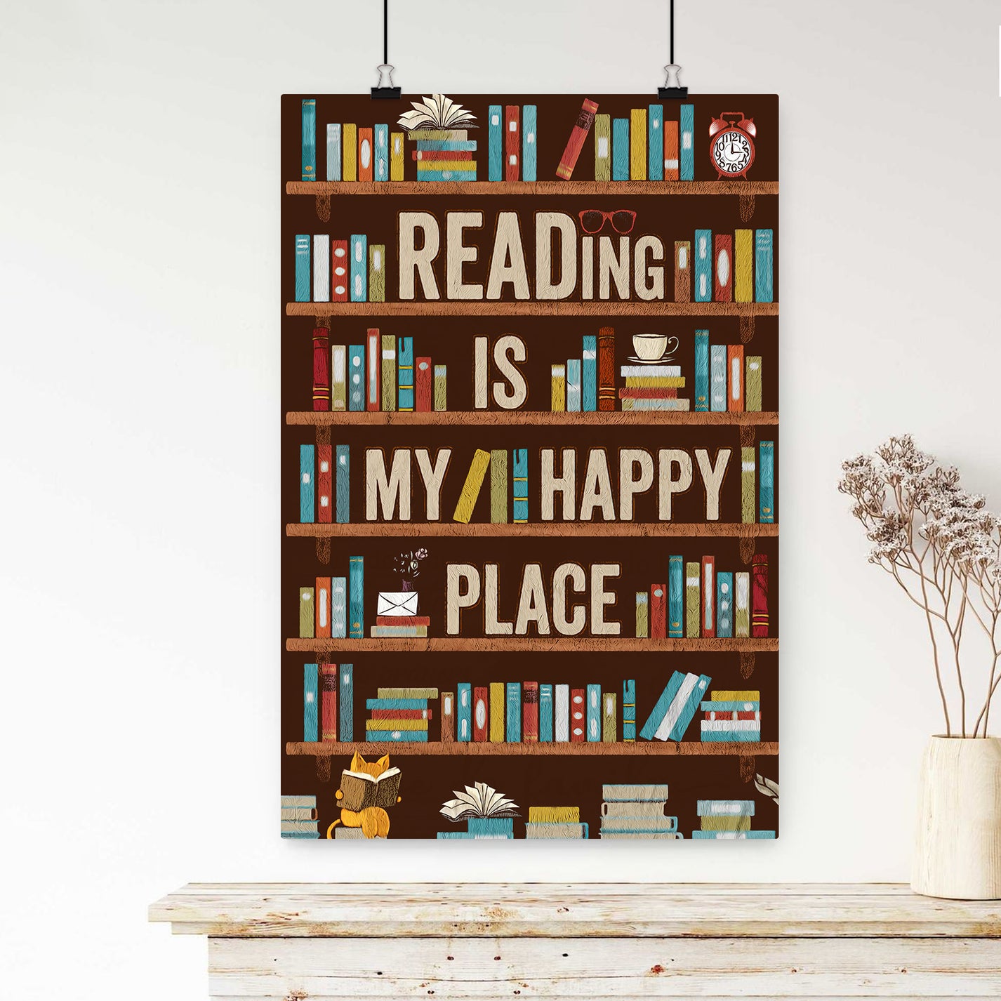 Book Poster & Canvas, Reading Is My Happy Place Wall Art, Home Decor F