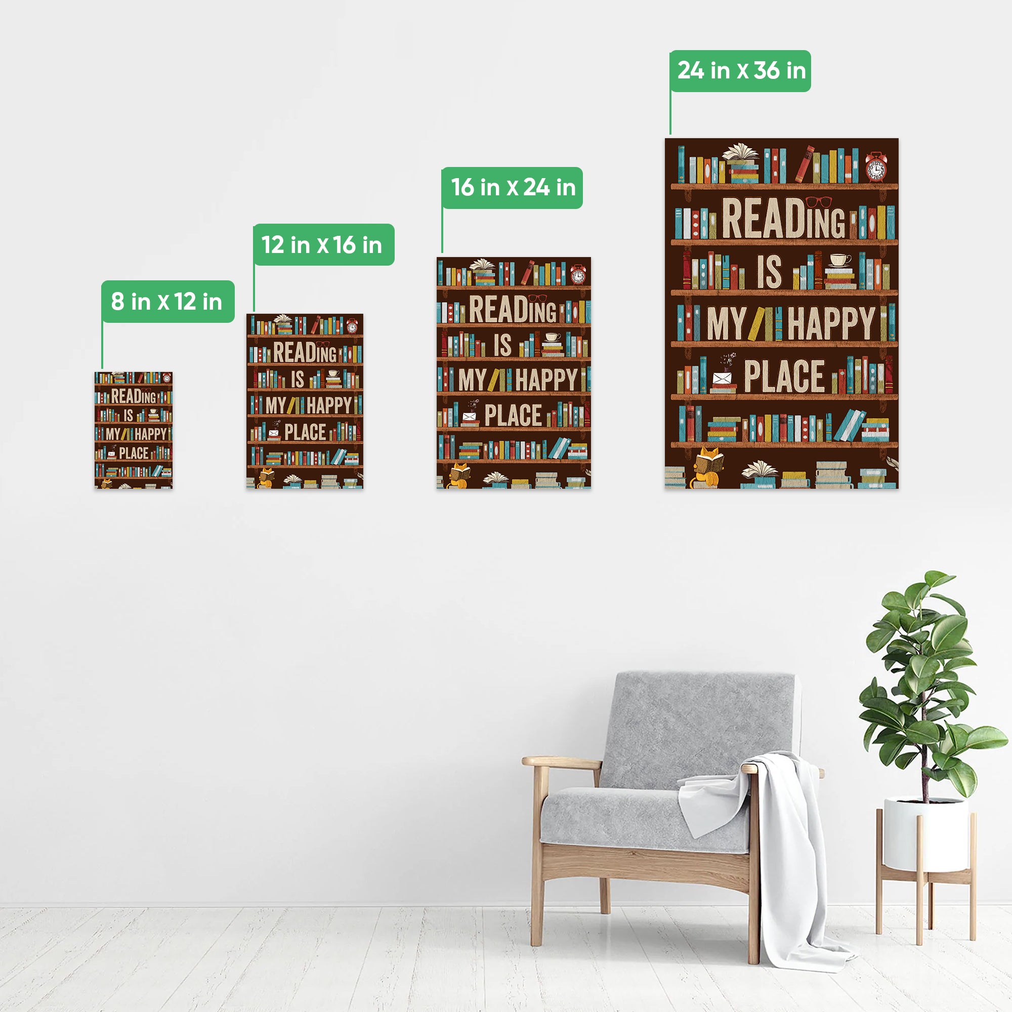 Book Poster & Canvas, Reading Is My Happy Place Wall Art, Home Decor F